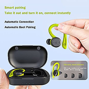 Green Wireless Earbuds with Earhooks IPX7 Waterproof Running Sport in Ear Headphones Noise Cancelling Earphones Bluetooth Ear Buds Workout Deep Bass Headset TWS Stereo Built-in Mic for Android iOS