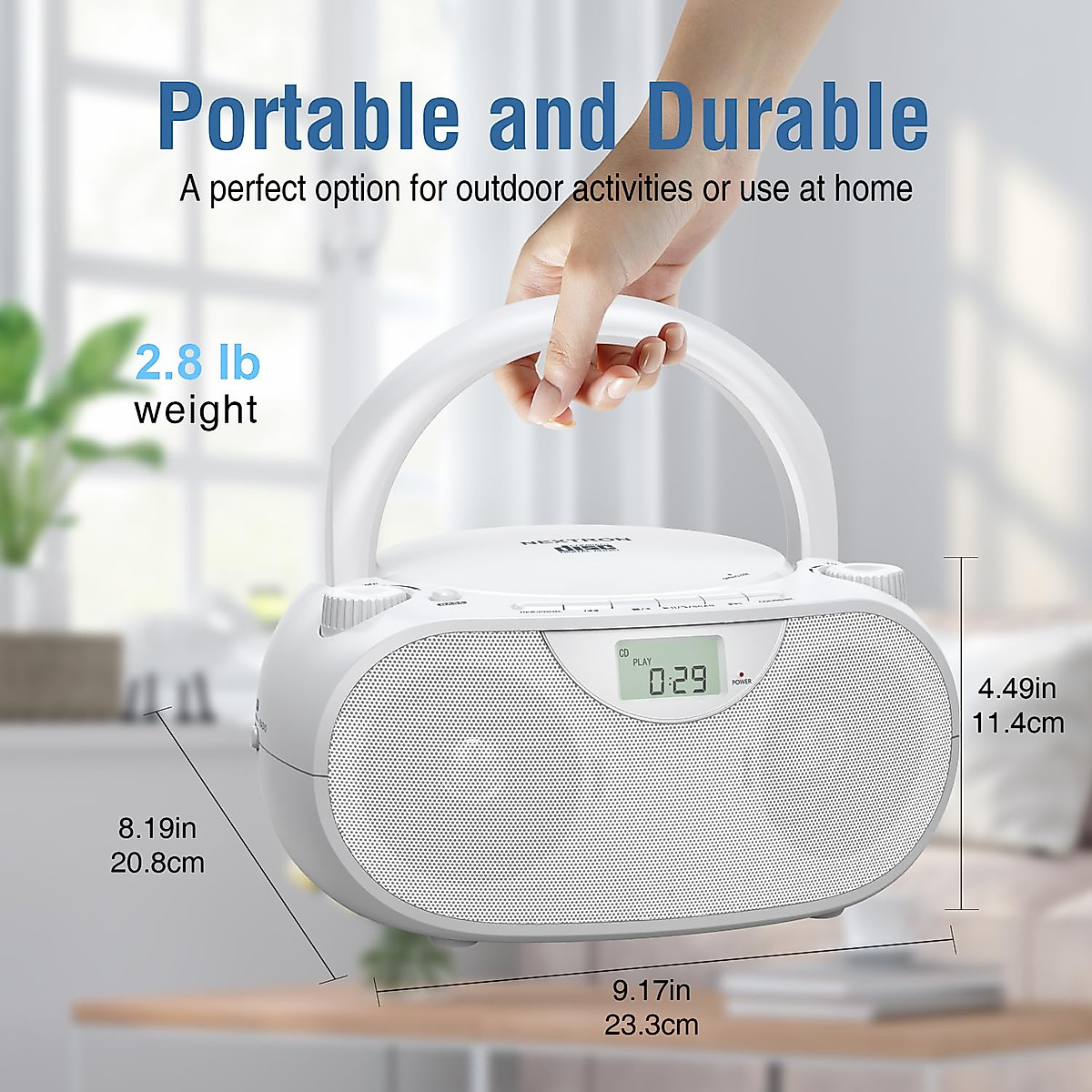 Nextron Portable Stereo CD Player Boombox with AM/FM Radio, Bluetooth, USB, AUX-in, Headphone Jack, CD-R/RW and MP3 CDs Compatible, Clear and Full Sound with Bass Boost, AC/Battery Operated – White