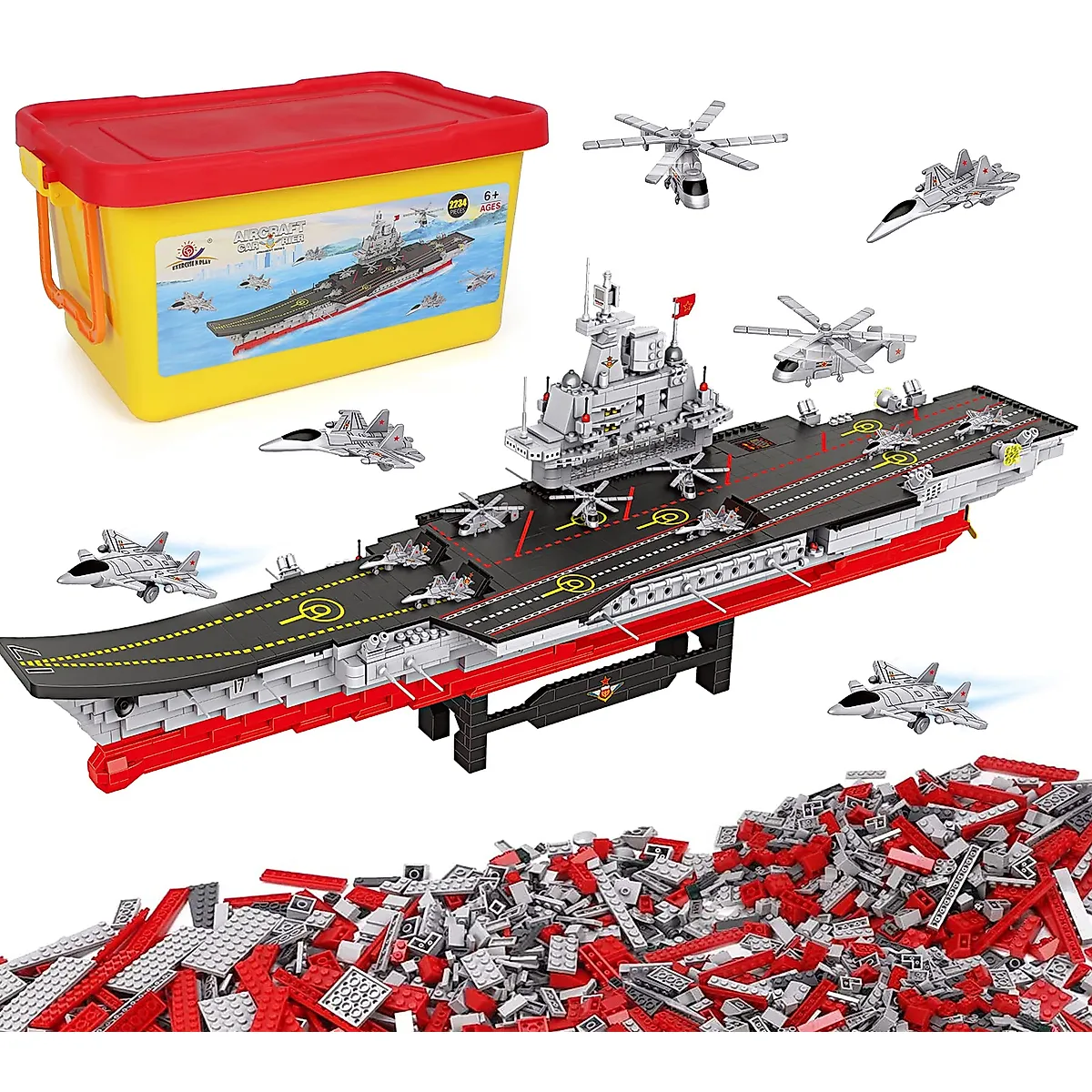 2234 Pieces Aircraft Carrier Building Blocks with Storage Box, 38x 7.7x10.5 Inch Stress Release Large Construction Military Warship Battleship Blocks Toys for Adults and Kids 14 Years and Up