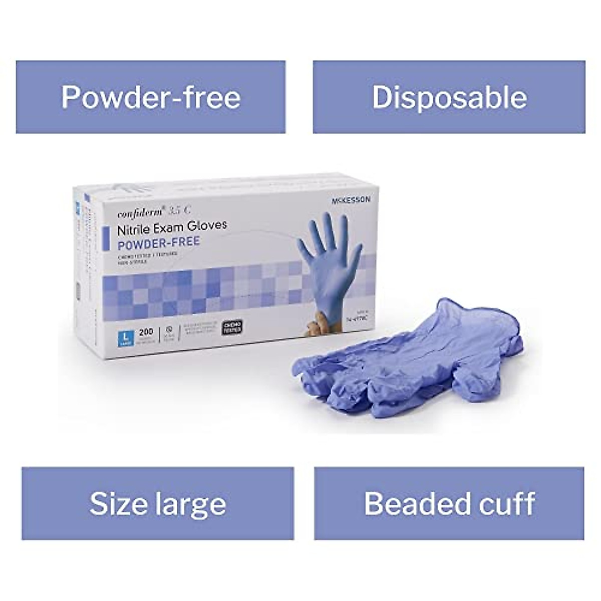 McKesson Confiderm 3.5C Nitrile Exam Gloves, Non-Sterile, Powder-Free, Blue, Medium, 200 Count, 1 Box