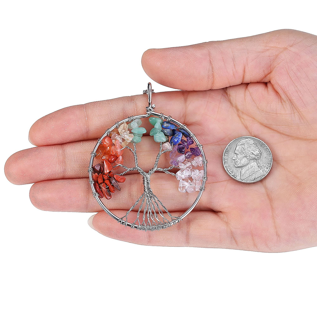 Jovivi Crystal Quartz Life Tree Crystal Necklace 7 Chakras Healing Gemstone Pendant Necklace