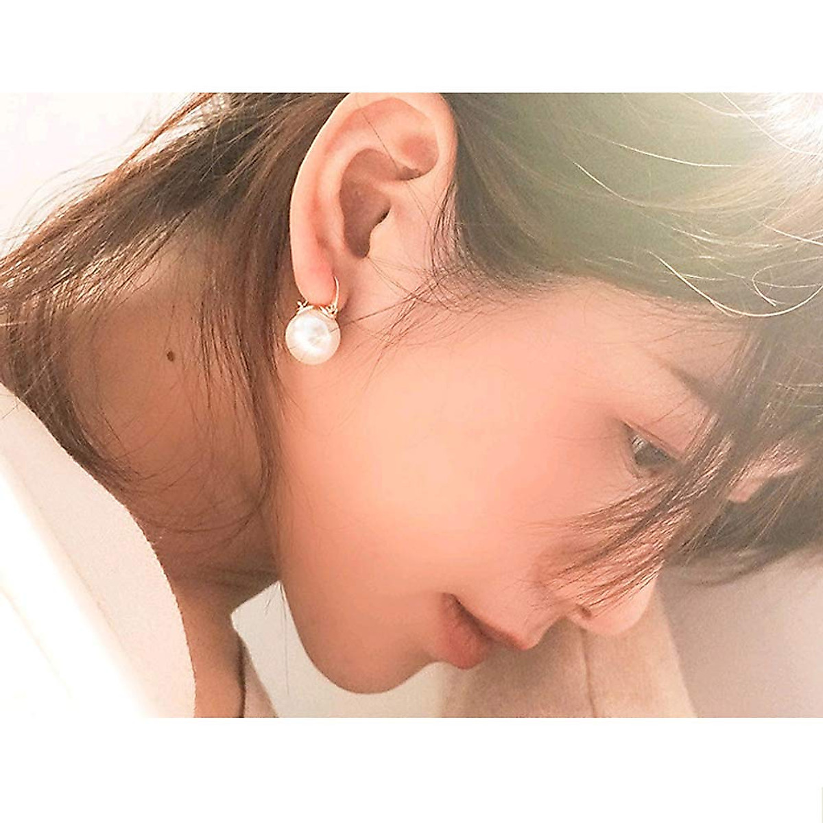 OwMell Elegant 925 Sterling Silver Pearl Drop Earrings Dangle Stud Gold Plated Earrings for Women Large Size 12mm - Gold