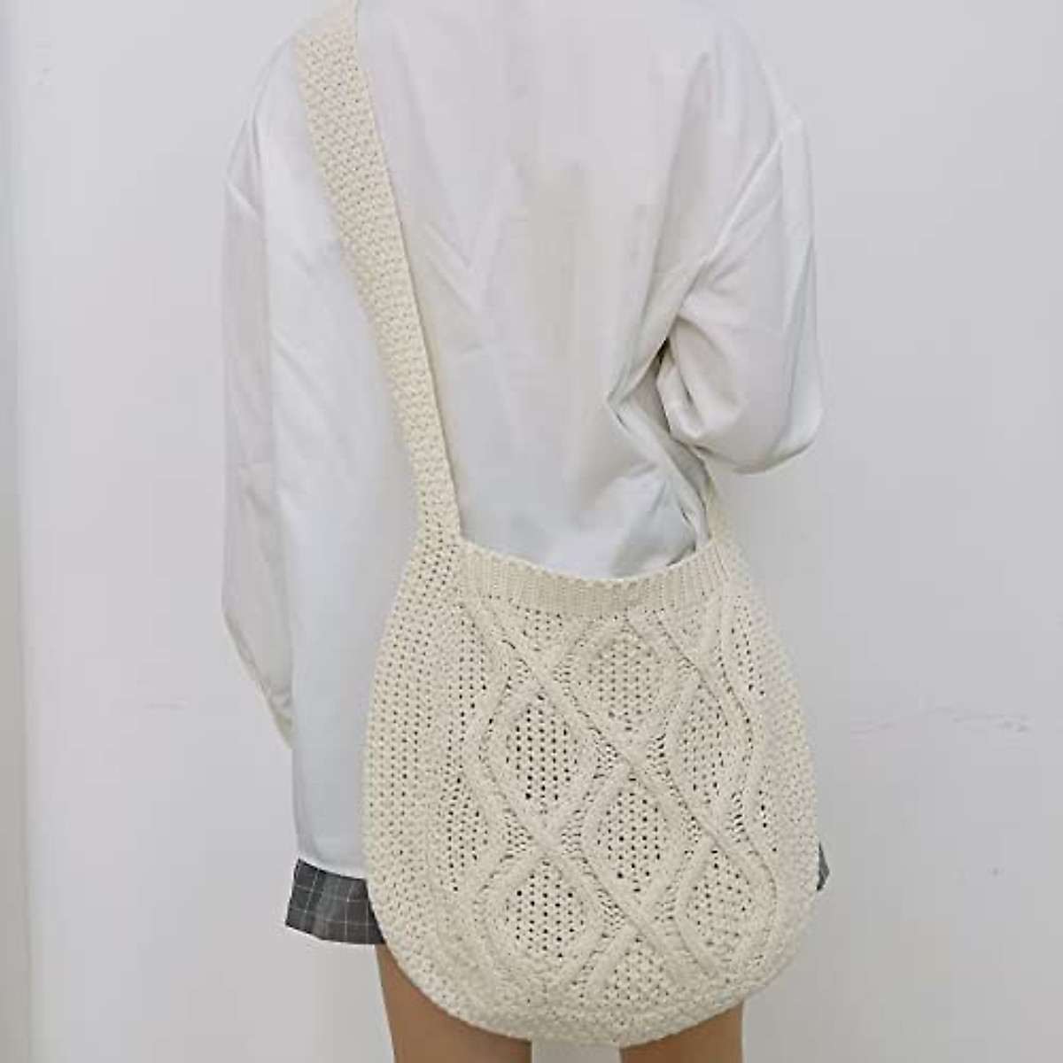 Grunge Crochet Tote Bag Y2K Fairycore Shoulder Handbags Aesthetic Knitted Crossbody Bags Purse Accessories (Beige,14.5"x29.5")