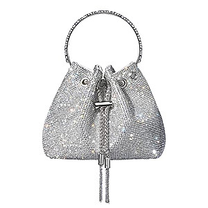SWEETV Women's Rhinestone Bucket Bag, Evening Handbag Purse for Formal Wedding Cocktail Prom Party Club, Silver, Large