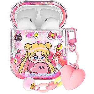 Besoar for AirPods 1/2 Case Bling Glitter Liquid Quicksand Cute Cartoon Anime Kawaii with Keychain for Apple AirPod Cases Sparkly Design Covers for Girls Women Kids Covers for Air Pods 2nd/1st Shui