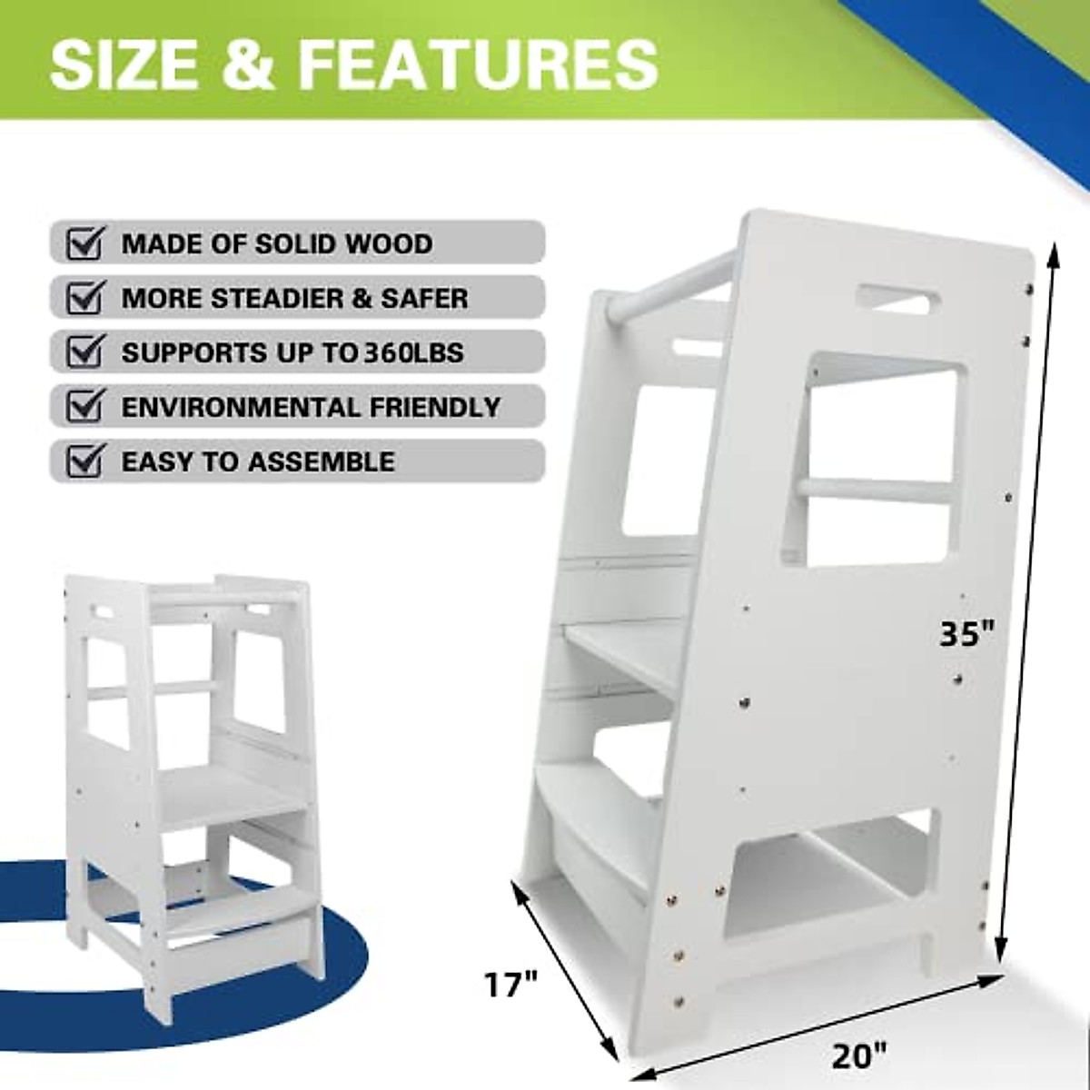 ECOMEX Standing Tower for Toddlers, Toddler Stool for Kitchen Counter Kids Kitchen Step Stool with Safety Rail Toddler Standing Tower with Adjustable Platform for Kitchen Counter, Elegant White