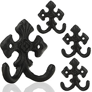 4 Pack Wrought Iron Wall Hooks, Cast Iron Heavy Duty Double Hooks, Decorative Wall Mounted Coat Hooks, Vintage Wall Hooks for Farmhouse Home Garage Tool Shed Hanging Coat, Keys, Towel, Tools, Hat