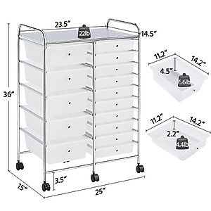 Yaheetech 15 Drawers Rolling Storage Cart Multipurpose Mobile Rolling Utility Storage Organizer Cart Tools Scrapbook Paper Organizer on Wheels, White
