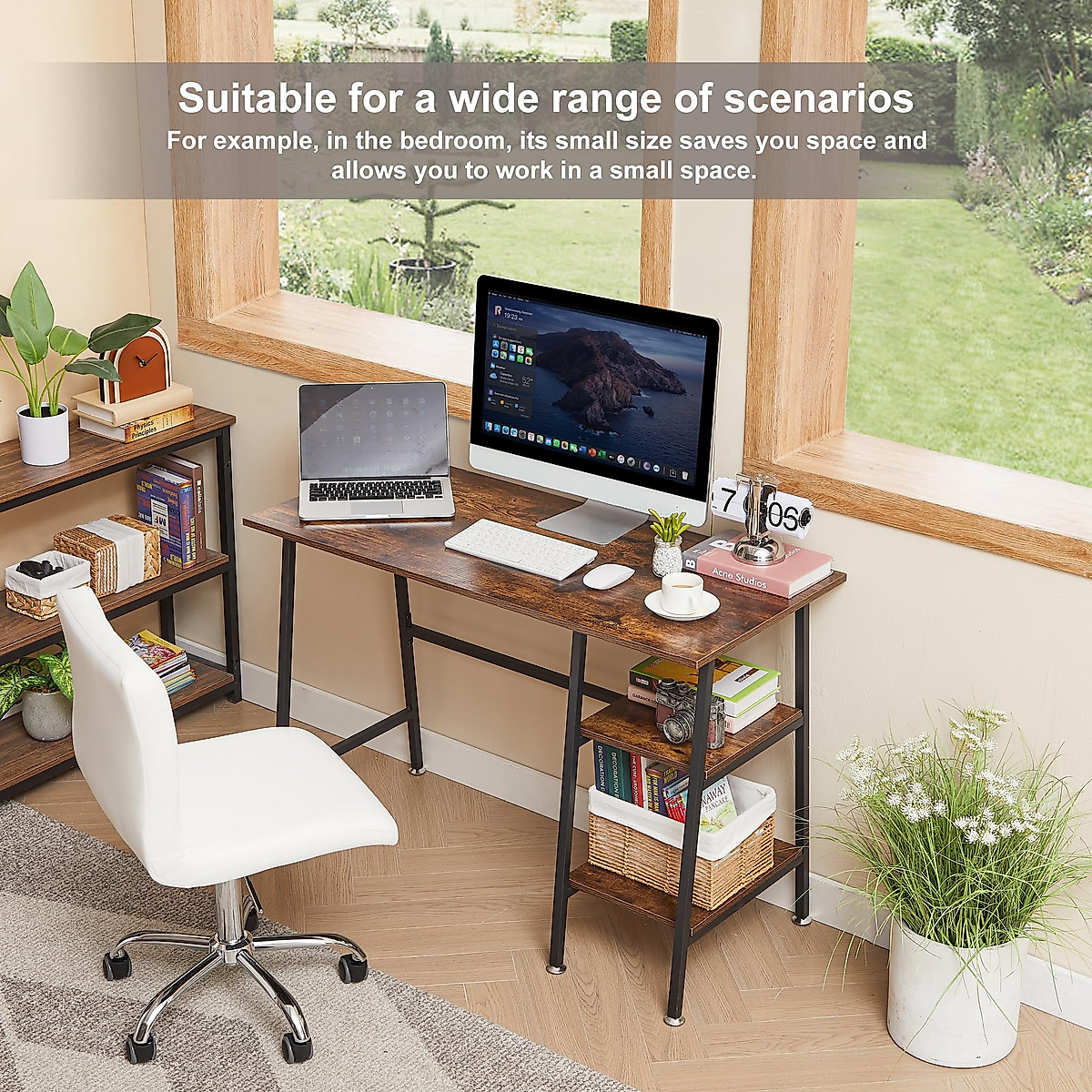 VECELO 43 Inch Computer Desk Writing Study Work Office Table Modern Desk with Shelves Wooden Desk for Home Bedroom,Walnut Desk