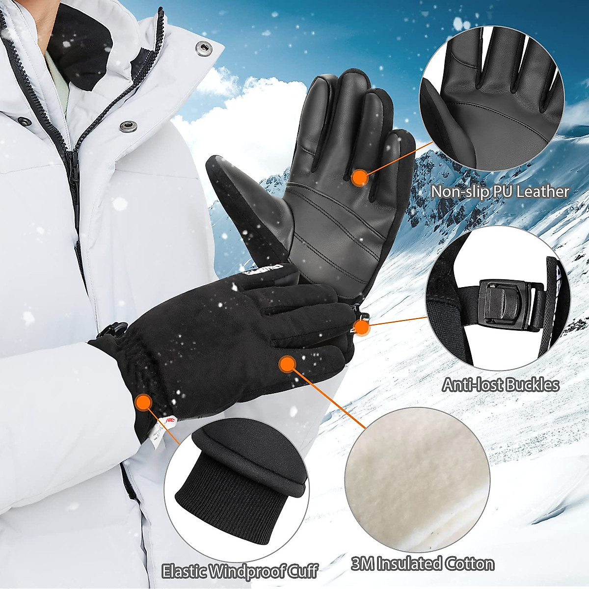 Cevapro Winter Gloves -30℉ Waterproof Thermal Gloves Men Women, Deerskin Suede 3M Insulated Gloves for Driving Running Hiking Skiing in Cold Weather