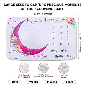 Baby Monthly Milestone Blanket for Boys and Girls 60 x 40 Inch Thick Fleece Baby Month Blanket with 2 Felt Frames Newborn Photography Prop Photo Blanket (Floral Moon)