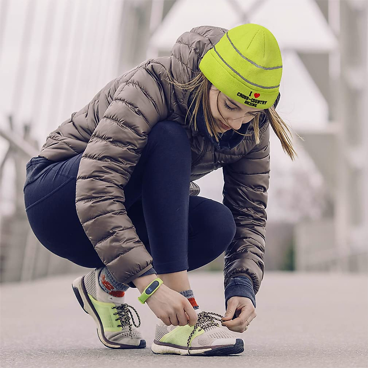 Custom Reflective Beanie I (Love) Cross-Couuntry Skiing Red Heart Sports Lovers Cross Country Acrylic High Visibility Running Gear Skull Cap for Men & Women 1 Size Neon Yellow Design Only