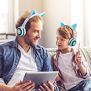 Olyre Wired Headphones with Microphone for Kids/Girls/Boys/Women,On-Ears Adjustable Stereo Foldable LED Cat Kitty Gift Headset Compatible with Computer Tablet PC iPad Smartphone(White)