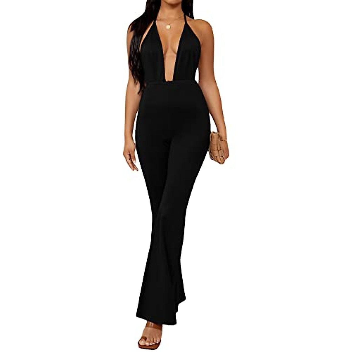 WDIRARA Women's Halter Tie Backless Sexy Deep V Neck Sleeveless Flare Party Jumpsuit Black S