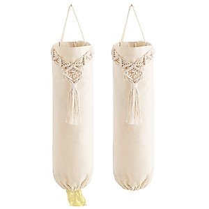 Mkono 2 Pack Macrame Plastic Bag Holder Grocery Bags Organizer Trash Bag Dispenser Camper Boho Decor Shopping Bag Storage for Kitchen Closet Pantry Laundry Room, Ivory, 9”W x 21”L