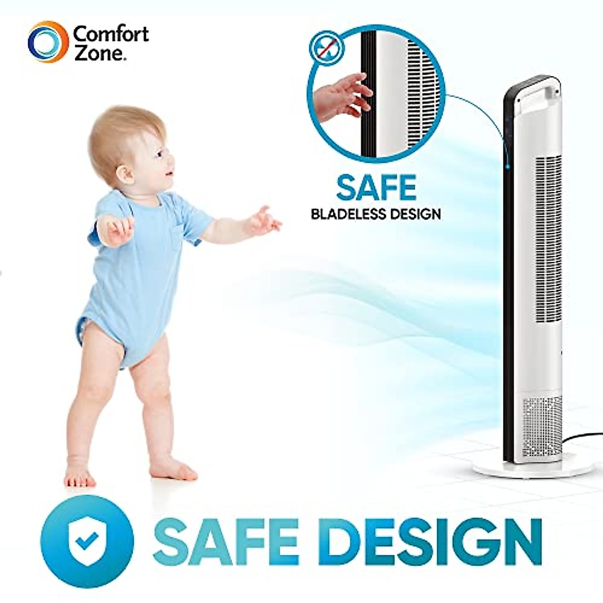 Comfort Zone CZTF421RWT 42" Oscillating Tower fan with Remote Control, Easy-to-Use Touch Screen with LED Display, 3-Speed Settings, 7-Hour Timer, White