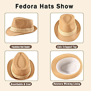 Forwe 4 Pack Straw Fedora Hat for Men Women Short Brim Trilby Hat Classic Panama Summer Beach Sun Hat (B-01)