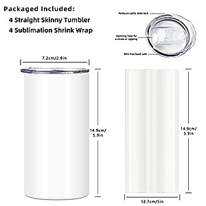 XccMe 12 oz Skinny Sublimation Blanks,Stainless Steel Straight Tumblers with Shrink Wrap Films,4 PACK Double Wall Vacuum Insulated Mugs for DIY Gift,Coffee,Tea,Beverages (White)