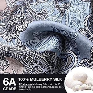 FELYSIK Blue Gray Paisley Silk Pillowcase for Hair and Skin - Standard 20"x26", 22 Momme 100% Mulberry Silk Floral Print Pillow Cases with Zipper