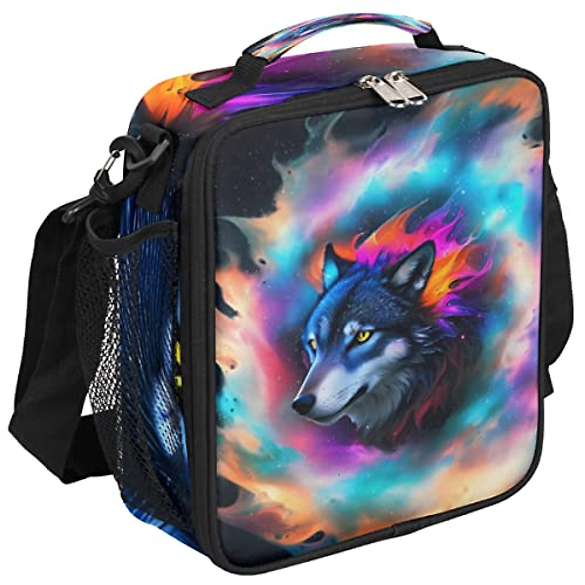 cfpolar Insulated Lunch Bag, Universe Fog Wolf Lunch Box Wide Opened Tote Reusable Lunch Container Organizer Thermal Cooler Bag with Shoulder Strap for School Office Picnic Hiking Beach Fishing
