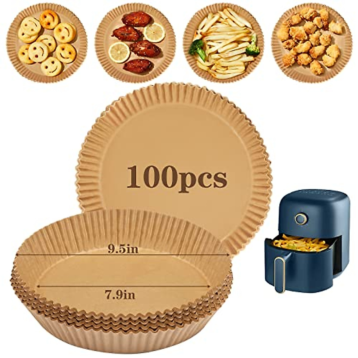 Moretoes Air Fryer Liner 100pcs Parchment Paper Disposable Paper Liner for Microwave, Non-Stick Oil Resistant Waterproof Paper Liner for Frying Baking Cooking Roasting（7.9 Inch）