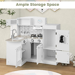 Costzon Kids Corner Kitchen Playset, 8-in-1 Wooden Play Kitchen Toy Set w/Realistic Microwave, Oven, Stove, Refrigerator, Water Dispenser, Range Hood, Pretend Cooking Set