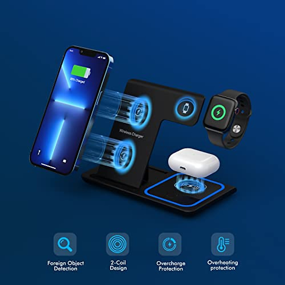UUTO Wireless Charger, 3 in 1 Foldable Qi Wireless Charging Station for iPhone 14/13/13 Pro/13 Pro Max/Mini/12 11 Series/X/XS/XR/XS Max/8/8 Plus/SE 2, AirPods 3/2/Pro, iWatch Series 8/7/6/SE/5/4/3/2