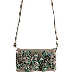 Justin West Western Tooled Croc Animal Faux Leather Silver Rhinestone Cross Studded Wristlet Trifold Wallet Attachable Long Strap (Pewter)