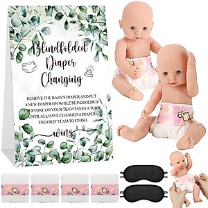 Lineshading 9 Pcs Baby Shower Game Supplies for Blindfold Diaper Changing Baby Dolls with Blindfolds Diapers Baby Changing Diaper Race Game Set for Baby Shower (Green,Leaves)