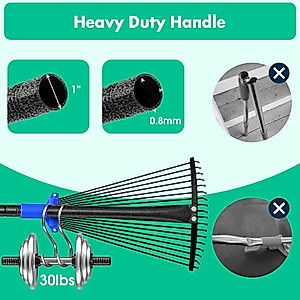 Garden Leaf Rake with Expandable Head from 9.5 inch to 17 inch, Collapsible Lawn Rake with Adjustable 53 Inch Splicing Handle, Heavy Duty Metal Rake for Lawn Yard, Flowers Beds and Roof