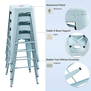 Furniwell 30 Inches Metal Bar Stools High Backless Tolix Indoor-Outdoor Stackable Barstool with Square Counter Seat Set of 4 (Blue)
