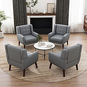 UIXE Comfy Arm Accent Chairs for Bedroom, Mid Century Modern Armchair Living Room Sofa Chair with Wooden Legs, Linen Fabric Button Tufted Upholstered Reading Chair for Home Office (Gray)