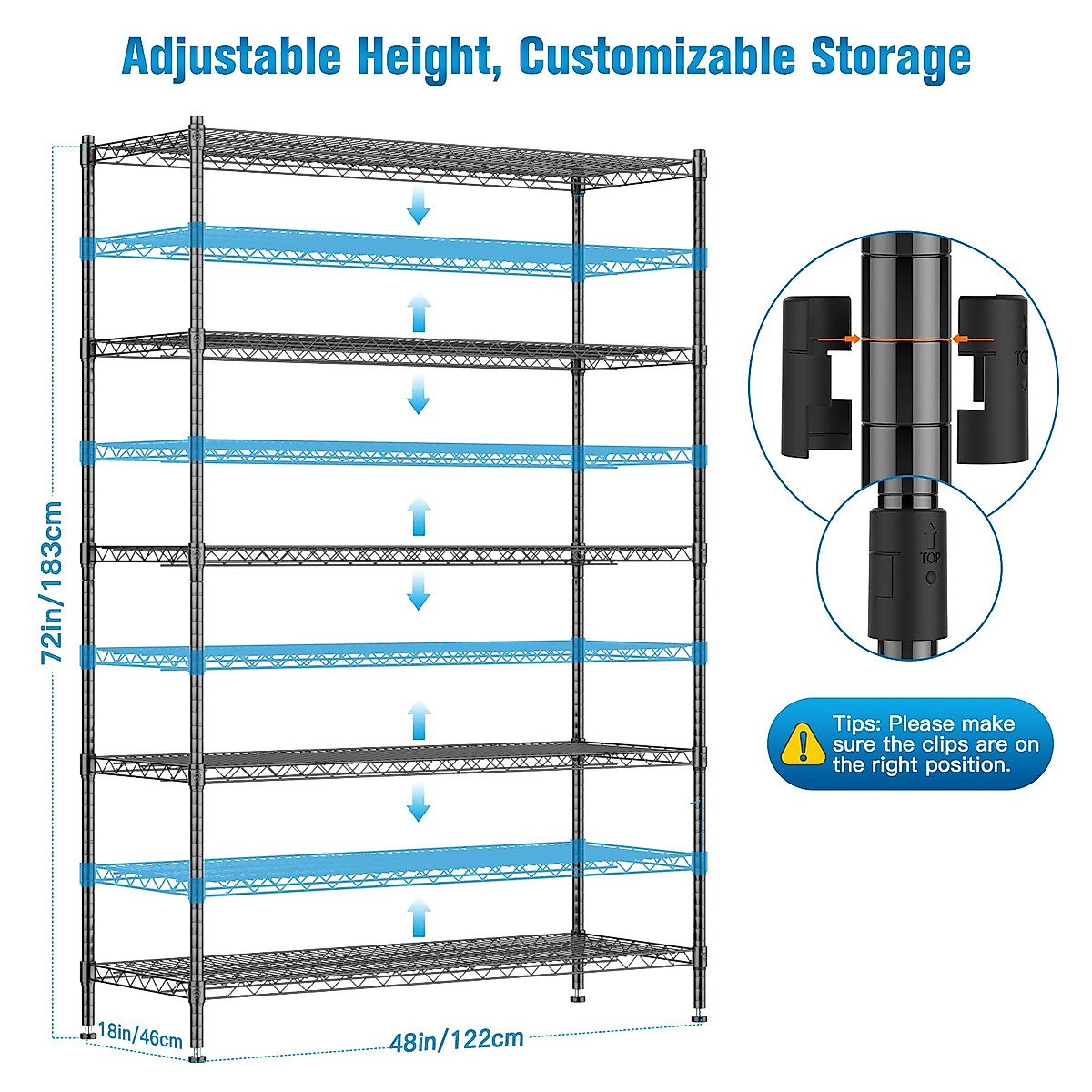 Wire Shelving with Wheels, 48x18x72 Inch, 3000 Lbs Storage Shelves Heavy Duty, Commercial-Grade Adjustable Utility Shelf, NSF-Certified Metal Storage Rack with Shelf Liners, 5-Tier, Matte Black