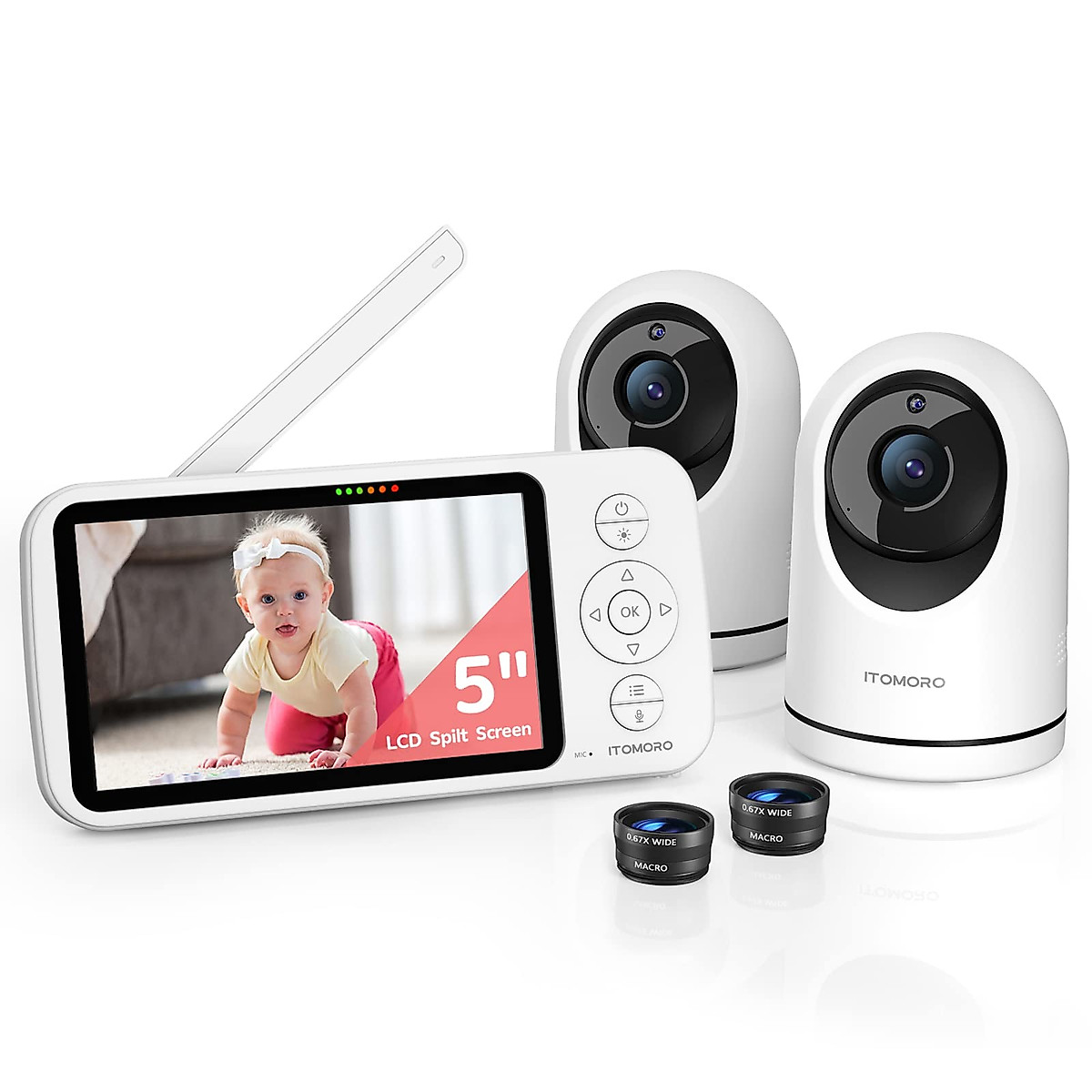 Itomoro Baby Monitor with 2 Cameras, 5" HD Split-Screen Video Baby Monitor Camera with Remote PTZ, 110° Wide Angle Lens, 2-Way Talk, 4X Zoom, Night Vision, 1000ft Range, 22h Battery Life, Lullabies