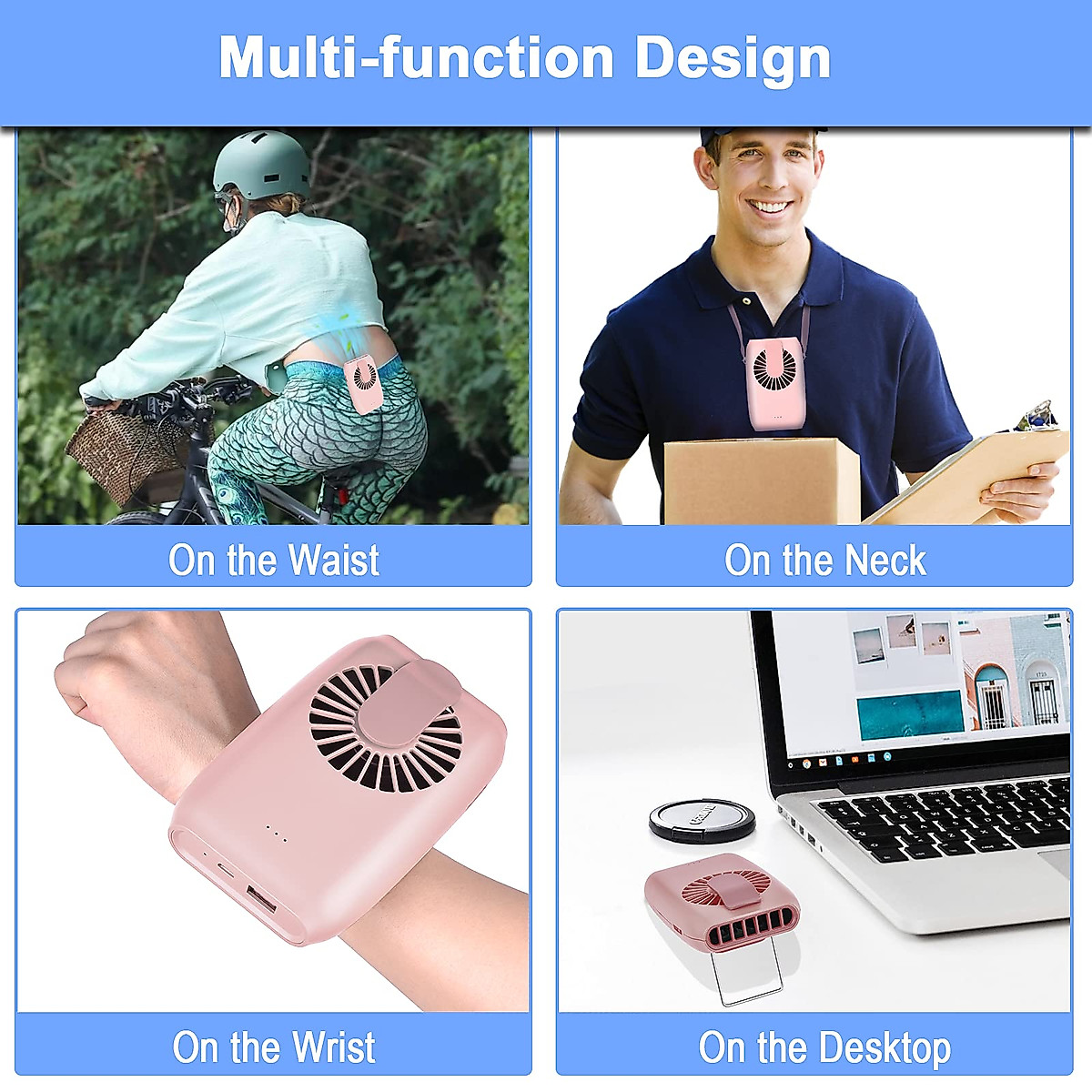 Portable Waist Fan Mini Neck Fan Rechargeable USB Necklace Fan Cooling Hands free Wearable Personal Fan with 15H Work time 3 Speed Outdoor Fans for Worker Office Travel Climbing Hiking Cycling Fishing