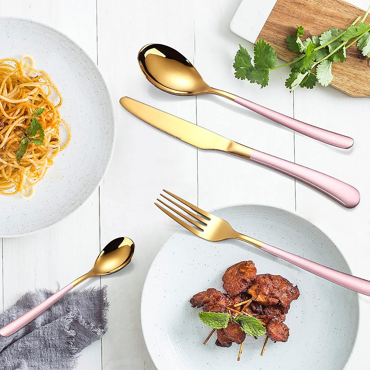 AARAINBOW 7 Pieces Stainless Steel Flatware Set Portable Reusable Cutlery Set Travel Utensils Set Including Chopsticks Knife Fork Spoon Straws Cleaning Brush Dishwasher Safe (7 Pink Golden)