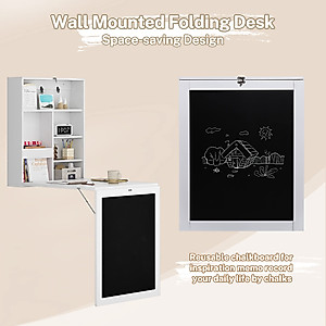 JAXPETY Wall Mounted Space Saving Folding Desk Fold Out Computer Laptop Desk with Storage Bookcase & Chalkboard Convertible Writing Desk for Home Office, White + Black
