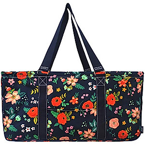 NGIL Extra Large Utility Tote Reusable Grocery Bag Oversized Collapsible for Groceries, Storage, Picnic, Beach (Floral Pattern-navy)