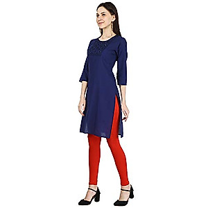 Ramkudi Indian Women's Embroidered Cotton Kurti Dark Blue Top