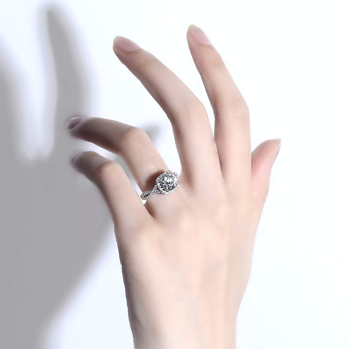 DovEggs Moissanite Engagement Rings for Women 2ct Center 7.5x7.5mm GHI Color Cushion Cut Near Colorless Moissanite Halo Split Shank Wedding Ring 14k Gold QUALITY Sterling Silver(8)