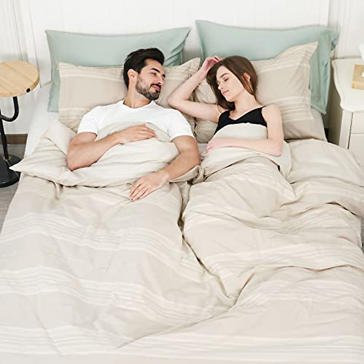 David's Home 100% Washed Cotton Duvet Cover Set Queen Size, Chambray Stripe Duvet Cover with Pillow Shams, 3pcs Ultra Soft and Breathable Comforter Cover Set, 90x 90 Inches, Khaki