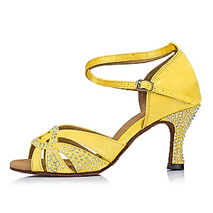 TDA Womens Ankle Strap Peep Toe Crystals Yellow Satin Latin Modern Salsa Tango Ballroom Wedding Dance Shoes 8.5 M US