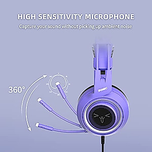 SOMIC G951S Purple Stereo Gaming Headset with Mic for PS4, PS5, Xbox One, PC, Phone, Detachable Cat Ear 3.5MM Noise Reduction Headphones Computer Gaming Headphone Self-Adjusting Gamer Headsets