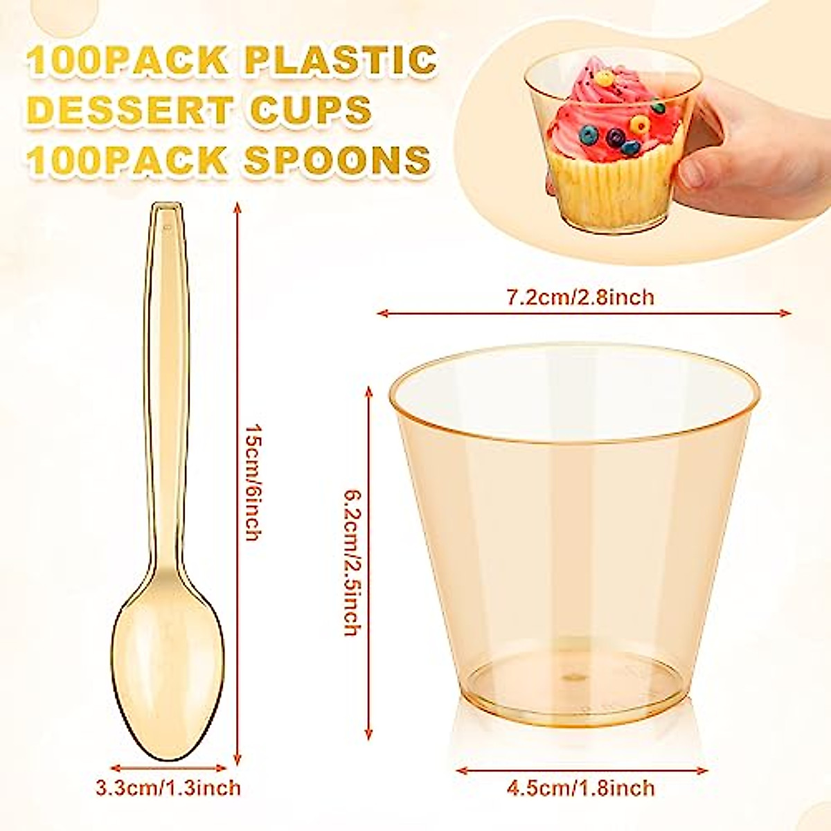 100 Sets 5 oz Dessert Cups with Spoons Plastic Color Cups for Desserts Ice Cream Parfait Sundae Fruit Pudding (Gold)
