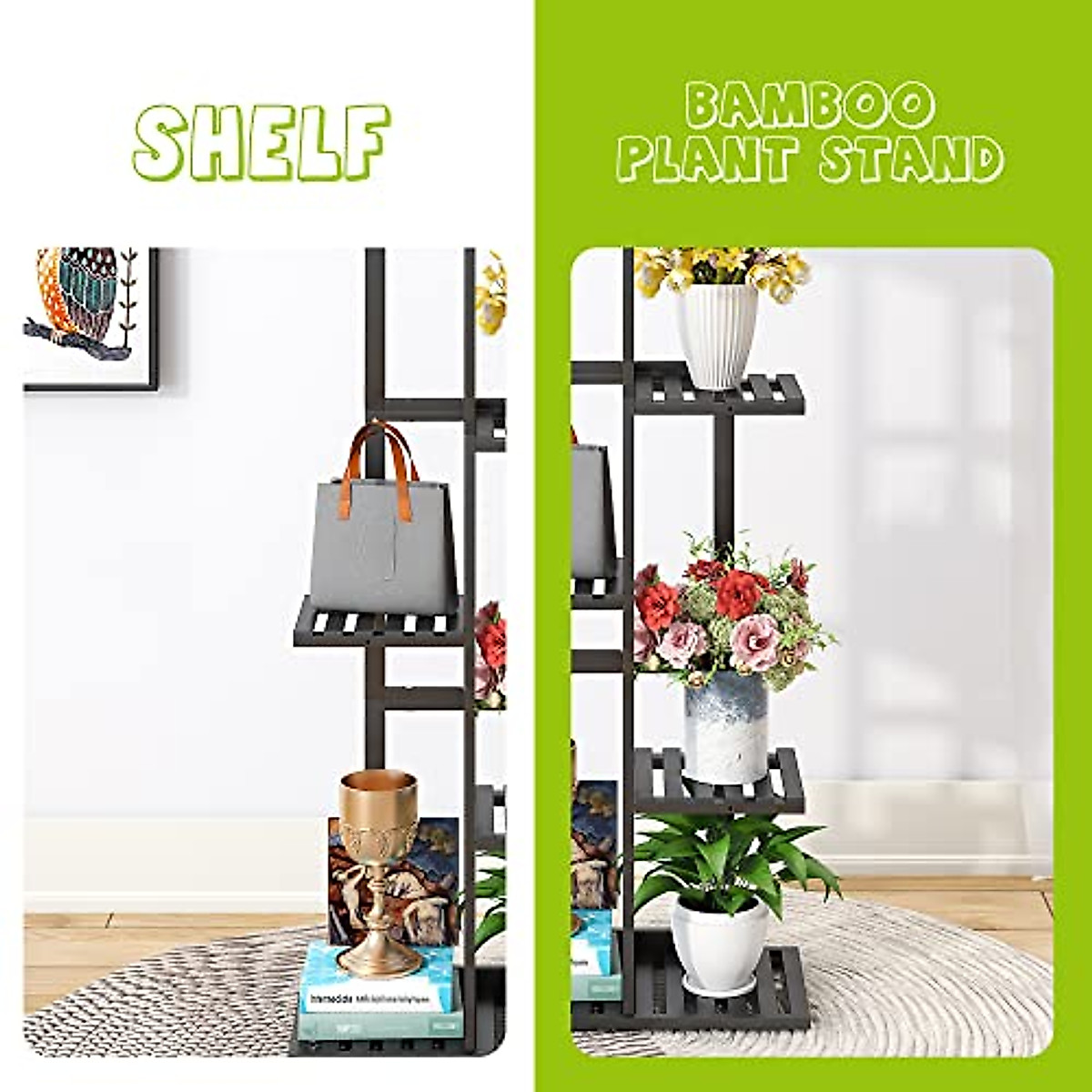 BMOSU Plant Stand For Indoor Corner Tall Plant Shelf 6 Potted Flower Bamboo Plant Stands Holder Shelf Plants For Outdoor Plant Rack Potted Plant Holder Display Rack For Living Room Balcony Bedroom(Black)