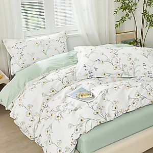 SAPHREAS Floral Duvet Cover Set Queen Size 3pcs White Fresh Magnolia Flower Botanical Bedding Comforter Cover Set 100% Cotton 1 Quilt Cover 90"x90" 2 Pillow Shams(No Comforter)