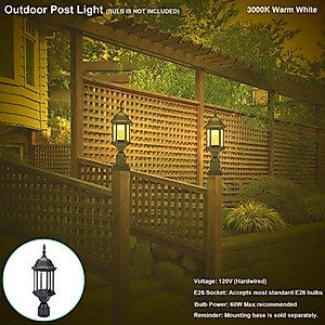 LIT-PaTH Outdoor Post Lighting Fixture Pole Lantern, E26 Medium Base Max 60W, Aluminum Housing Plus Glass, 1-Pack, Black Finish