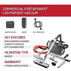 Hoover Commercial PORTAPOWER Lightweight Canister Vacuum Cleaner with Attachments, Portable Carriable Handheld Small Professional Grade Bagged, 8 Pounds, CH30000, Black