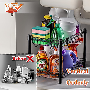 Wahopy Under Sink Organizer, 2 Tier Under Sink Shelf, Bathroom Kitchen Cabinet Under Sink Storage Rack, 2 Wire Baskets with Hooks, Sturdy Metal, Black