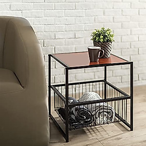 Zinus TV Stand with Shelf, Red Mahogany Wood Grain Dane 20 Inch Black Frame Side Table with Storage Basket/End Table/Easy Assembly, Red Mahogany Wood Grain